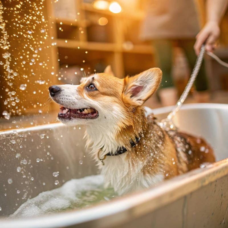 Funny Portrait of a Welsh Corgi Pembroke Dog Showering with Shampoo ...