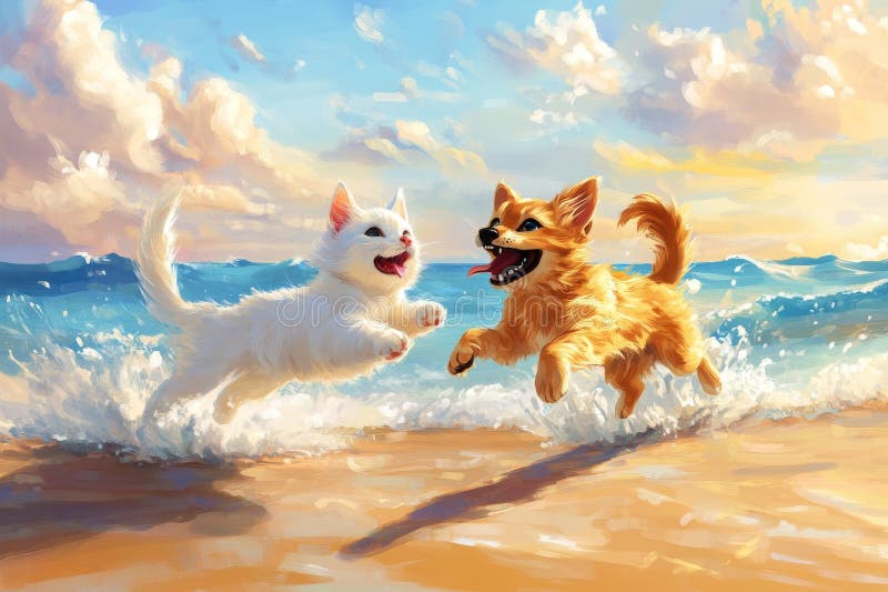 Dog and Cat on the Beach Playing Together. Generative AI. Stock ...