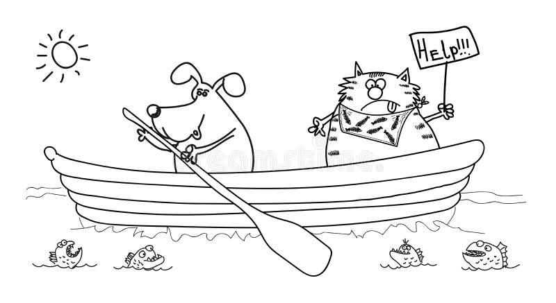 Dog and Cat in the Boat, Black-white Drawing Stock Vector ...