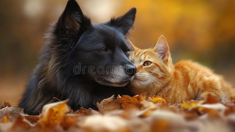 Dog and Cat Cuddle in Autumn Leaves Stock Illustration - Illustration ...