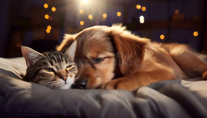 Dog and Cat Cuddle on a Cozy Dimly Lit Bed Stock Illustration ...