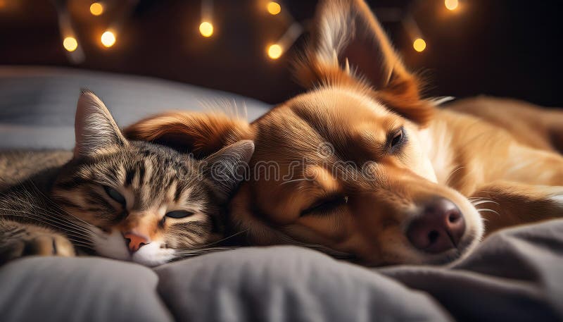 Dog and Cat Cuddle on a Cozy Dimly Lit Bed Stock Illustration ...