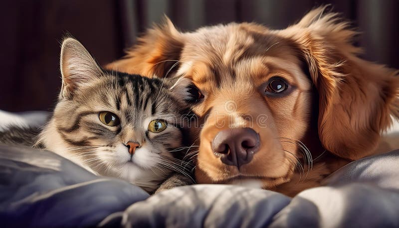 A Dog and a Cat Cuddle Together on a Bed Stock Illustration ...