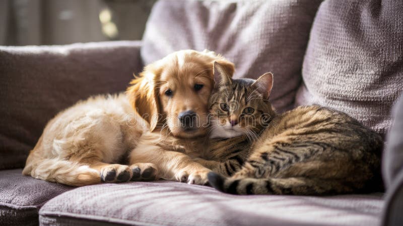 A Dog and Cat Cuddling on a Couch Together, AI Stock Photo - Image of ...