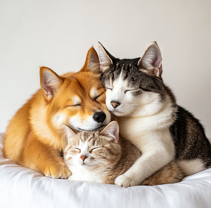 A Dog and a Cat Cuddling Together on a Bed Together Stock Photo - Image ...