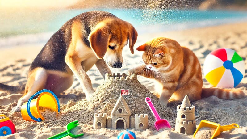 Dog and Cat Digging in the Sand Together on a Beach Stock Illustration ...