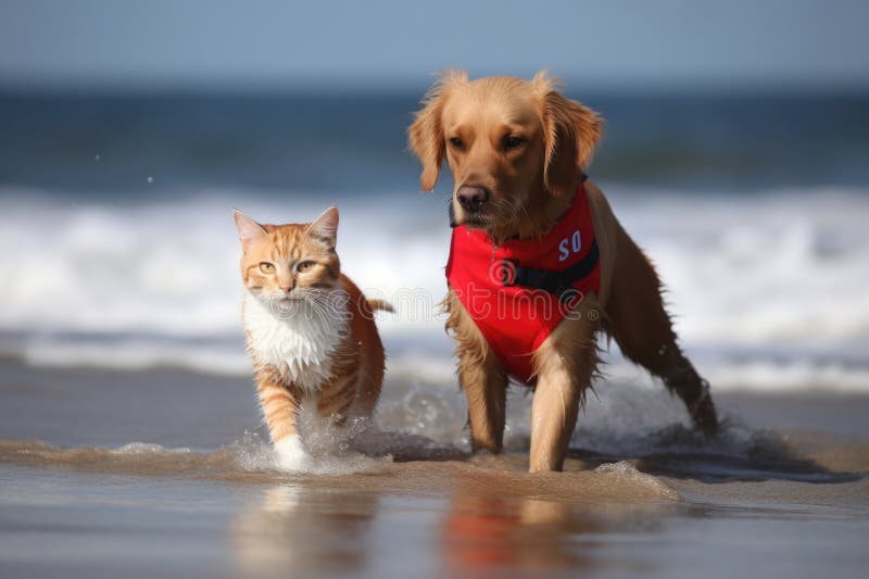 Dog and Cat Lifeguards Having a Race on the Beach, Using Their Speed ...
