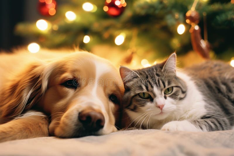 Dog and Cat Lying Together Under Christmas Tree Stock Illustration ...