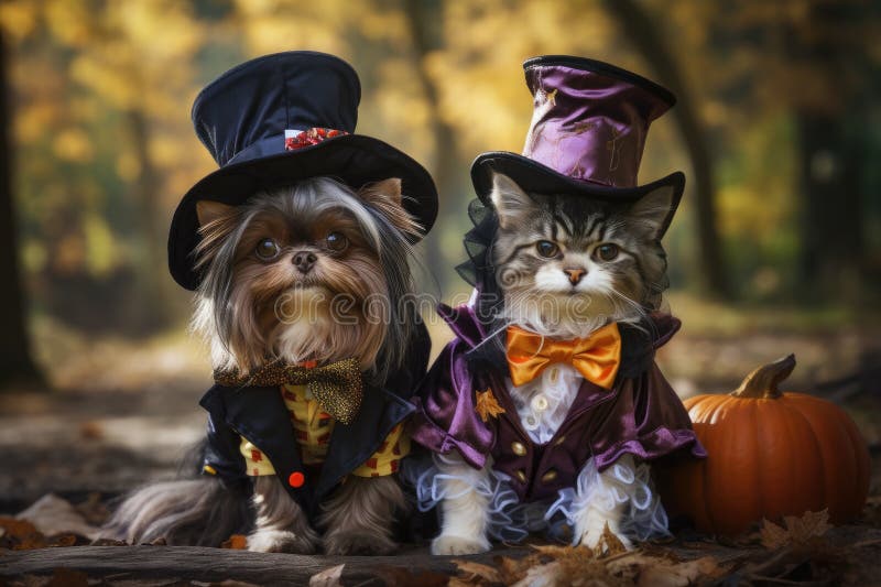 Dog with Cat in the Park in Halloween Costumes Stock Photo - Image of ...