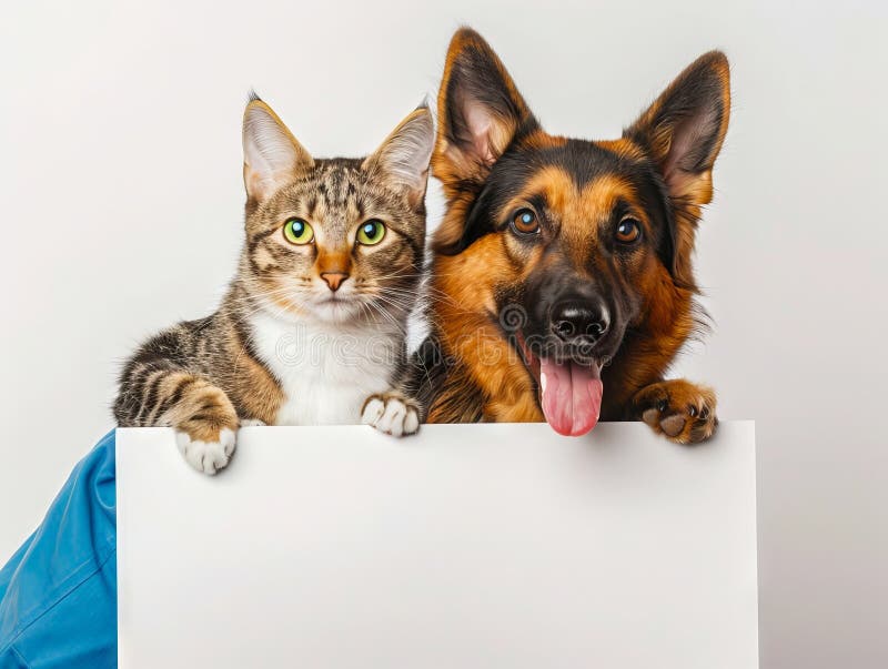 A Dog and Cat are Peeking Over a Blank Sign Stock Photo - Image of wall ...