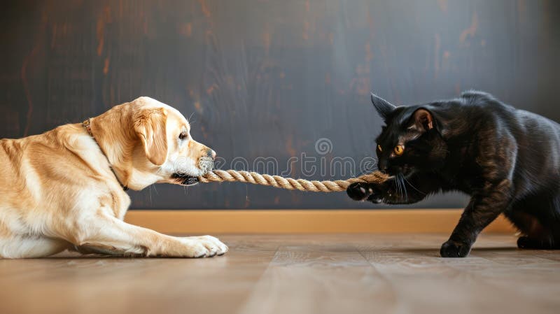 A Dog and a Cat Playing Tug-of-war Stock Illustration - Illustration of ...