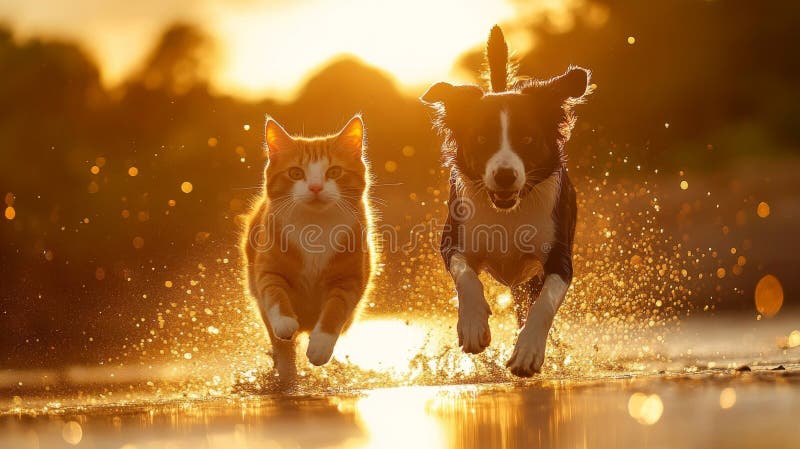 Dog and Cat Running Together. Generative AI. Stock Illustration ...