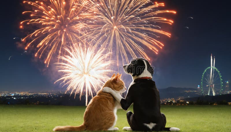 A Dog and a Cat Scared by Fireworks. Stock Illustration - Illustration ...