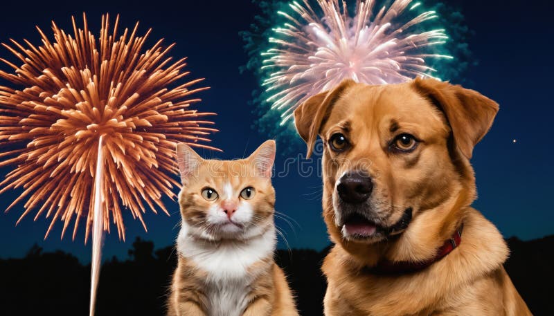 A Dog and a Cat Scared by Fireworks. Stock Illustration - Illustration ...