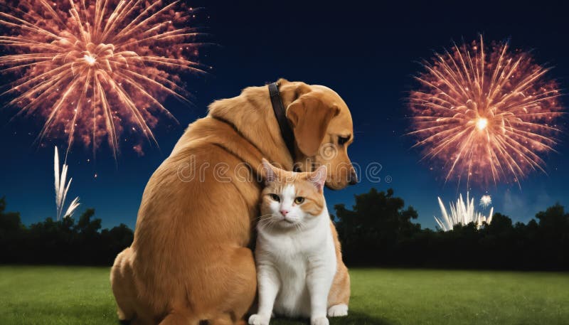 A Dog and a Cat Scared by Fireworks. Stock Illustration - Illustration ...