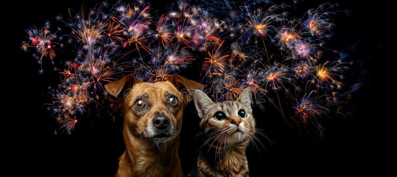 Dog and Cat Scared of Fireworks Stock Illustration - Illustration of ...