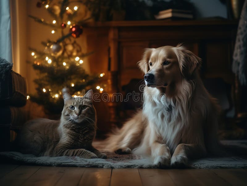 Dog and Cat Sit Near Christmas Tree Stock Photo - Image of celebration ...