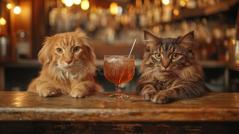 Ginger Cat and Tabby Cat Relaxing at the Bar with Cocktail Stock ...
