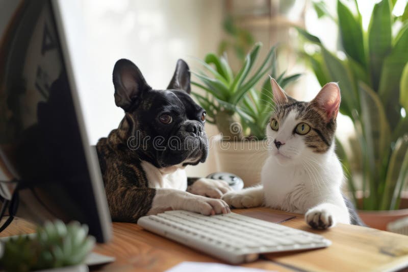 Dog and a Cat Sitting on a Table and Browsing on a Computer. Generative ...