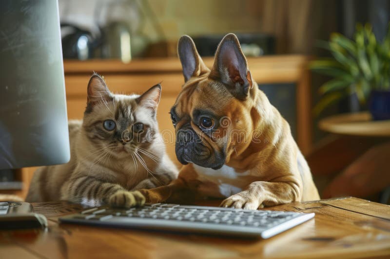 Dog and a Cat Sitting on a Table and Browsing on a Computer. Generative ...