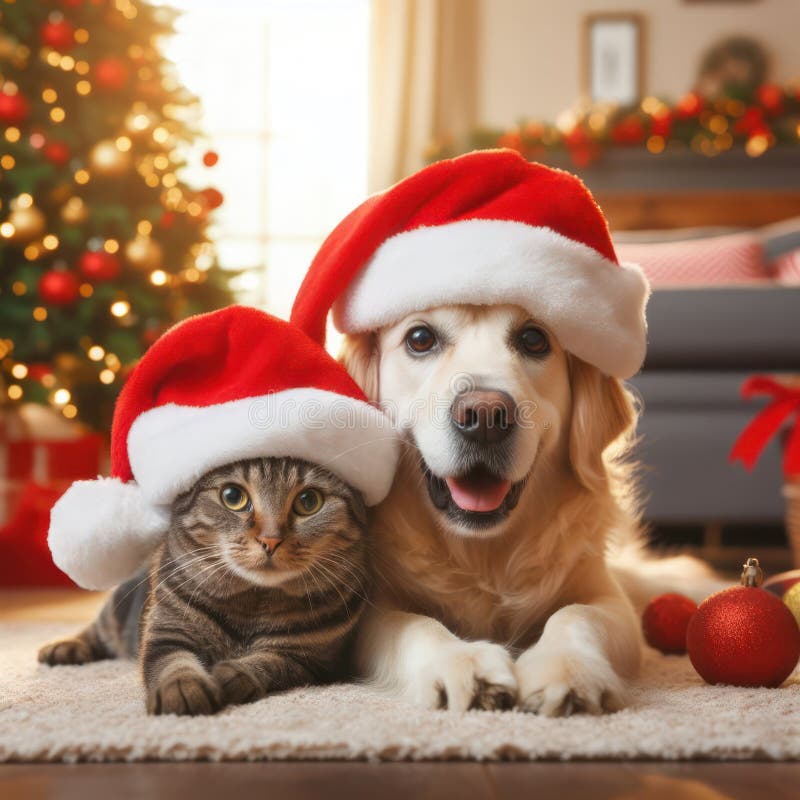 Dog and a Cat Sitting Together with Santa Hats Stock Illustration ...