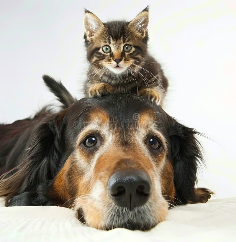 A Dog and a Cat Sitting on Top of Each Other Stock Image - Image of ...