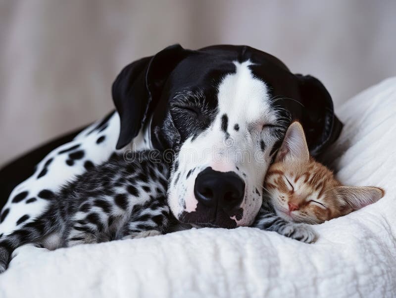 A Dog and a Cat Sleeping Together on a Bed Stock Photo - Image of ...