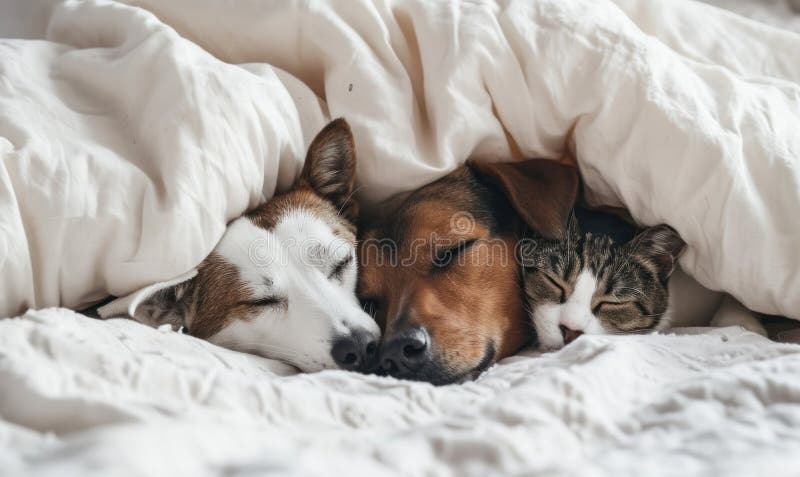 A Dog and Cat are Sleeping Under a White Sheet Stock Image - Image of ...