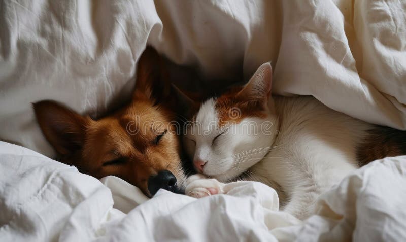 A Dog and Cat are Sleeping Under a White Sheet Stock Photo - Image of ...