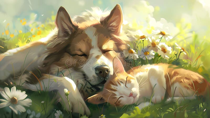 Dog and Cat Together Pets Spring or Summer Nature Stock Illustration ...