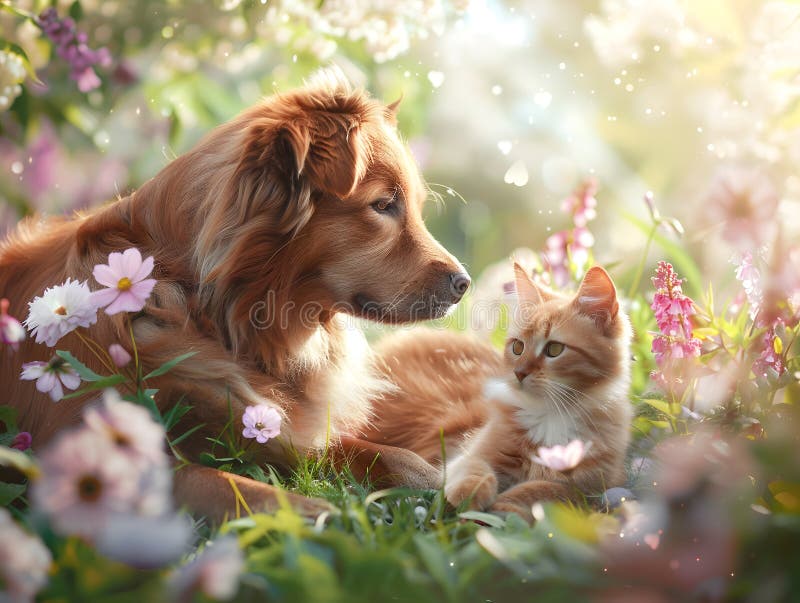 Dog and Cat Together Pets Spring or Summer Nature Stock Illustration ...