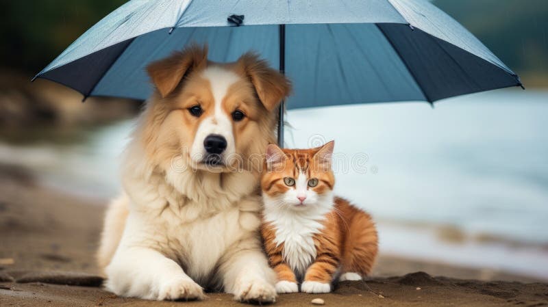 Dog and Cat Under the Umbrella. Pets in Rain Stock Image - Image of ...