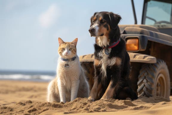 Dog and Cat Working Side by Side, Keeping the Beach Safe Stock Photo ...