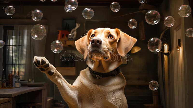 Dog catching soap bubbles stock illustration. Illustration of flight ...