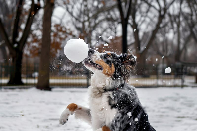 Dog Catching a Snowball Midair, Park Trees Background Stock Image ...