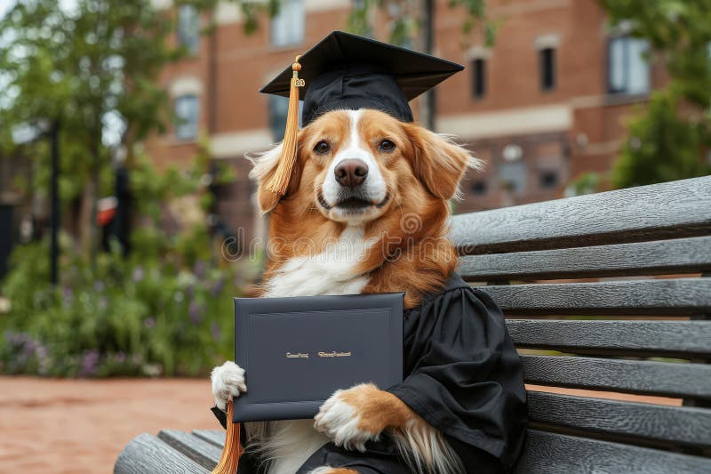 Dog Celebrates Graduation Wearing Cap and Gown in Park Setting Stock ...