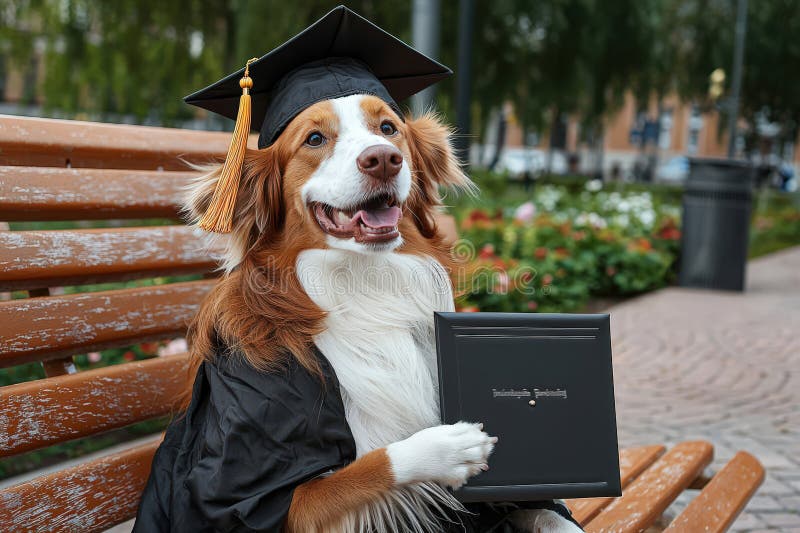 Dog Celebrates Graduation Wearing Cap and Gown in Park Setting Stock ...