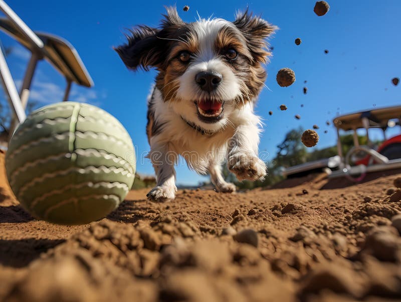 A Dog Chasing a Ball, a Dog Running with Balls in the Air Stock ...