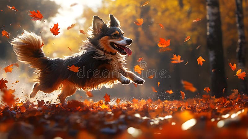 A Dog Chasing Its Tail in a Pile of Autumn Leaves Stock Illustration ...