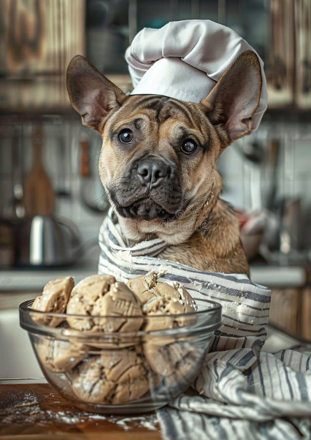 Dog Chef Wearing Chef Hat and Towel Posing with Dough in Kitchen Stock ...