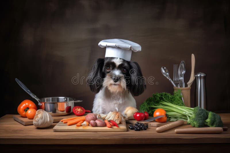 Dog Chef Preparing a Healthy, Nutritious Meal of Vegetables and Meat ...