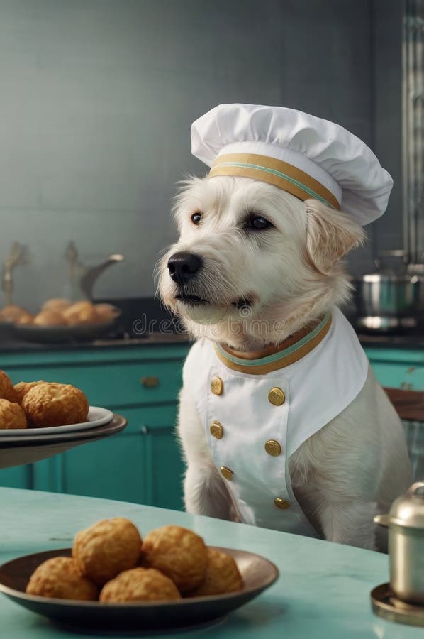Dog in Chef S Outfit with Hat, Apron, and Pastries on Kitchen Counter ...