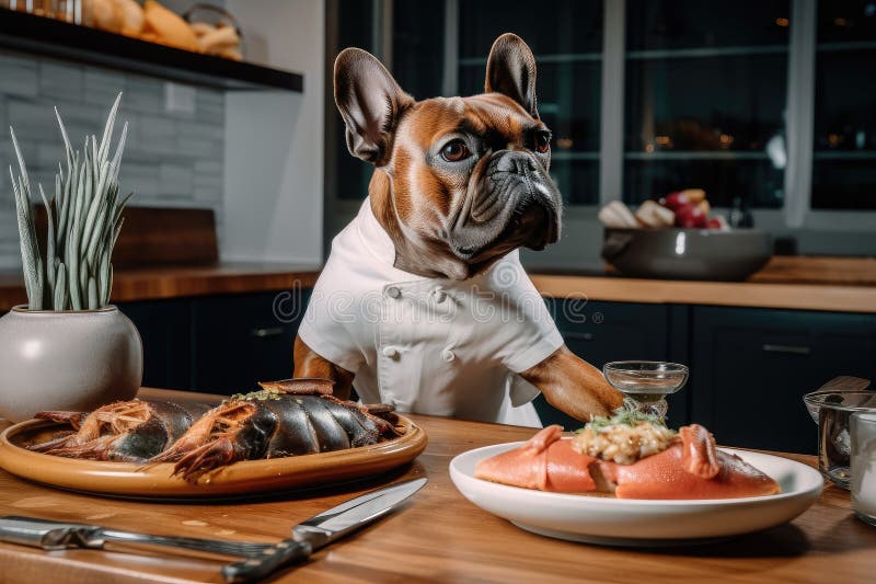 Dog Chef Using Cutting-edge Culinary Techniques, Serving Seafood Dish ...