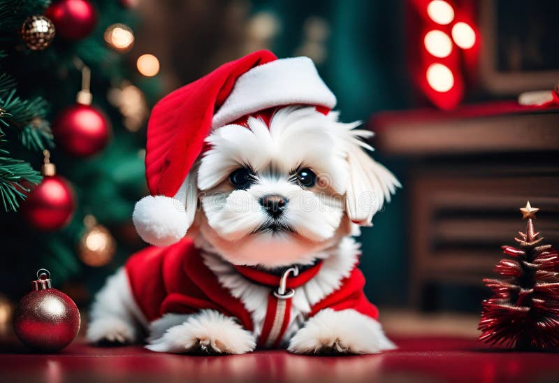 Christmas Secene. a Maltese Puppy Dog Wearing a Santa Claus Hat Stock ...