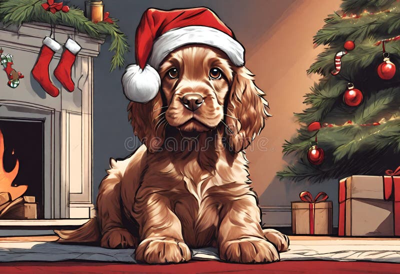 Christmas Secene. a Cocker Spaniel Puppy Dog Wearing a Santa Claus Hat ...