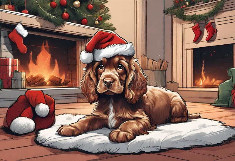 Christmas Secene. a Cocker Spaniel Puppy Dog Wearing a Santa Claus Hat ...