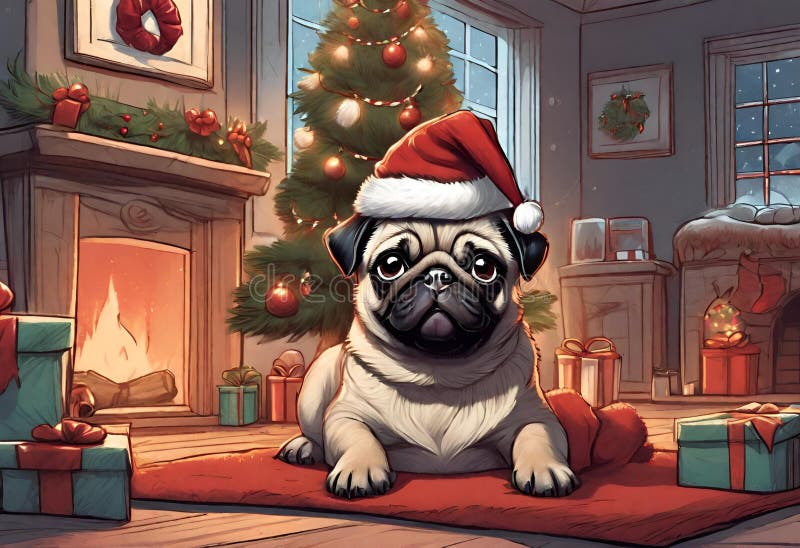 Christmas Secene. a Pug Puppy Dog Wearing a Santa Claus Hat Stock ...