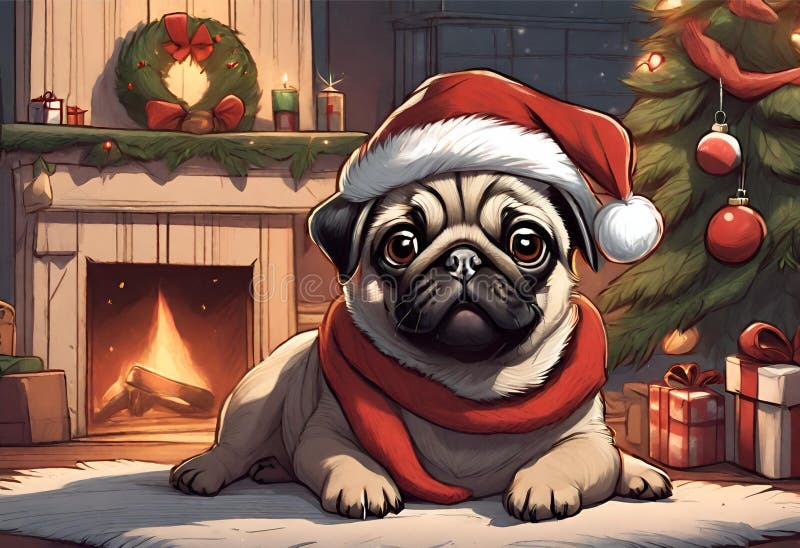 Christmas Secene. a Pug Puppy Dog Wearing a Santa Claus Hat Stock ...