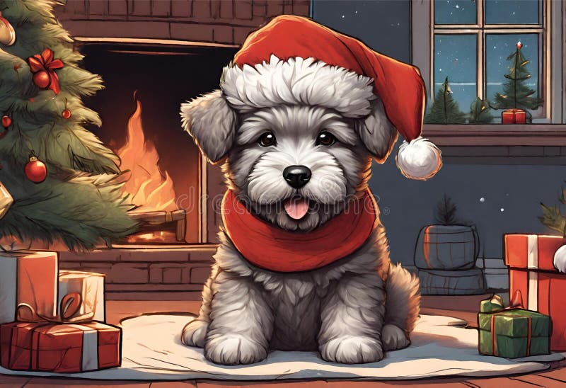 Christmas Secene. a Puppy Dog Wearing a Santa Claus Hat Stock ...