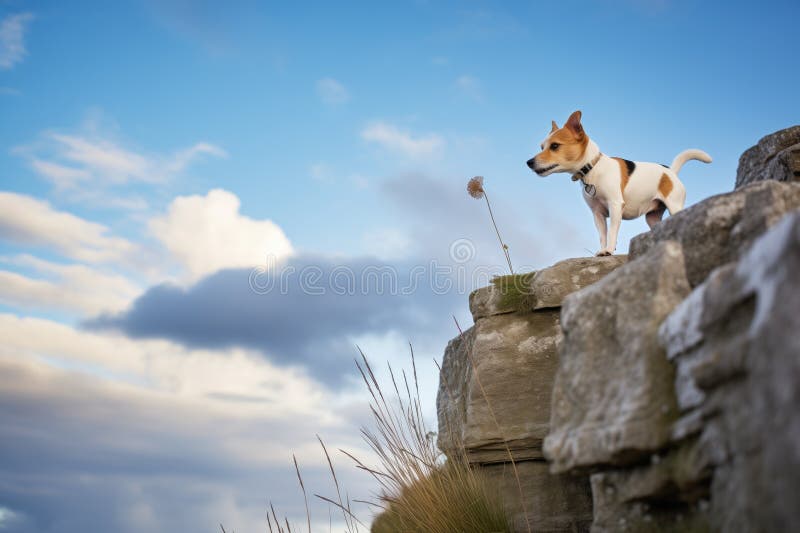 Dog on Cliff Edge, Moon Piercing Clouds Behind Stock Image - Image of ...